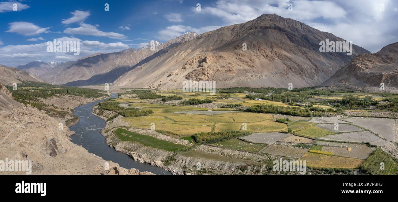 Landscape panorama on Panj river valley in Wakhan Corridor with Hindu ...