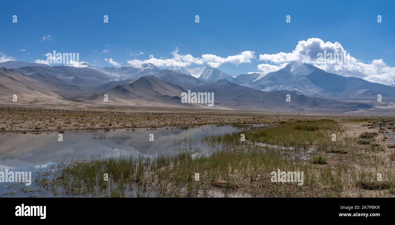 Beautiful high altitude mountain landscape with reflection in water ...
