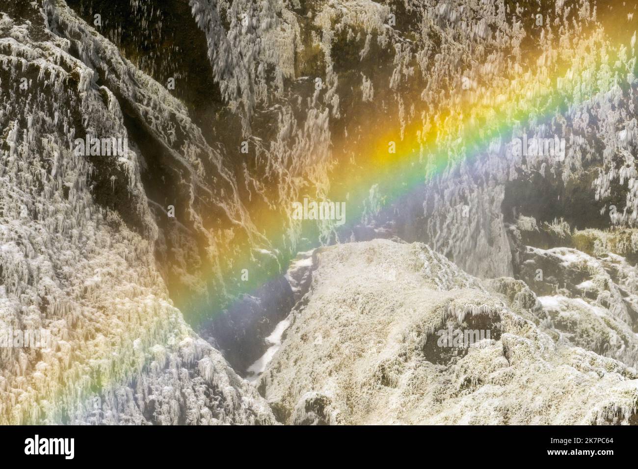 Rainbow over a cliff loaded with snow and ice, Skgafoss, Iceland Stock ...