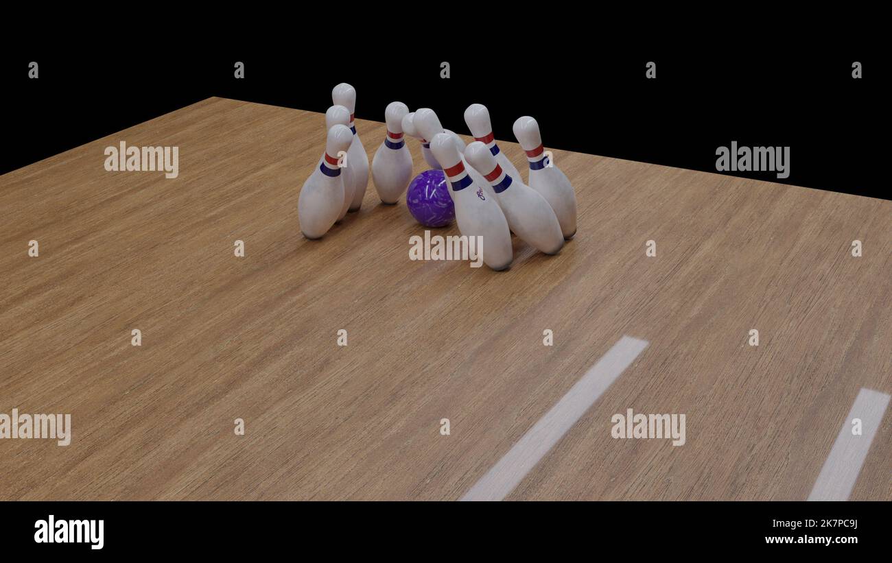 A 3d render of a bowling ball hitting pins Stock Photo - Alamy