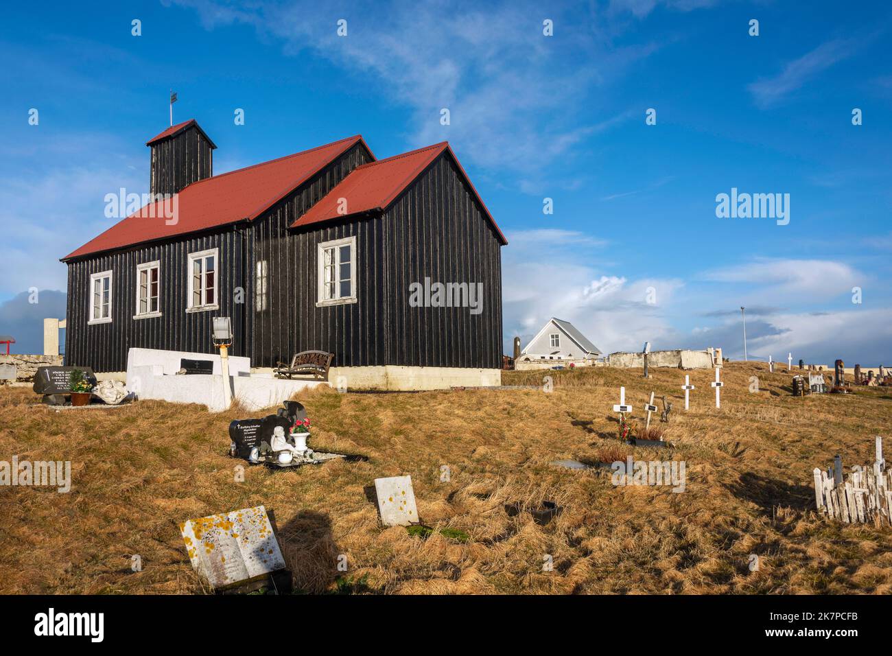 Kirjuvogskirkja (1861) rear view with and graveyard, Hafnir, Reykjanes ...
