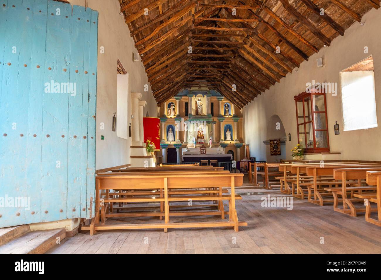 Inside public catholic Church of San Pedro de Atacama, Northern Chile ...