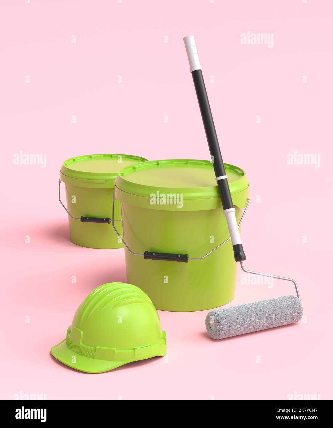 Set of safety helmet, bucket with paint rollers and brushes for ...
