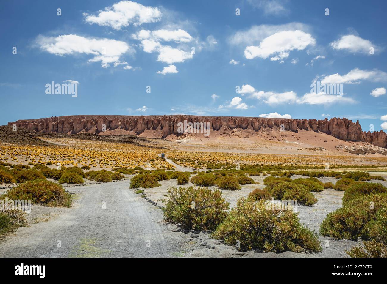 Car on dirt road crossing Atacama desert, volcanic arid landscape in ...