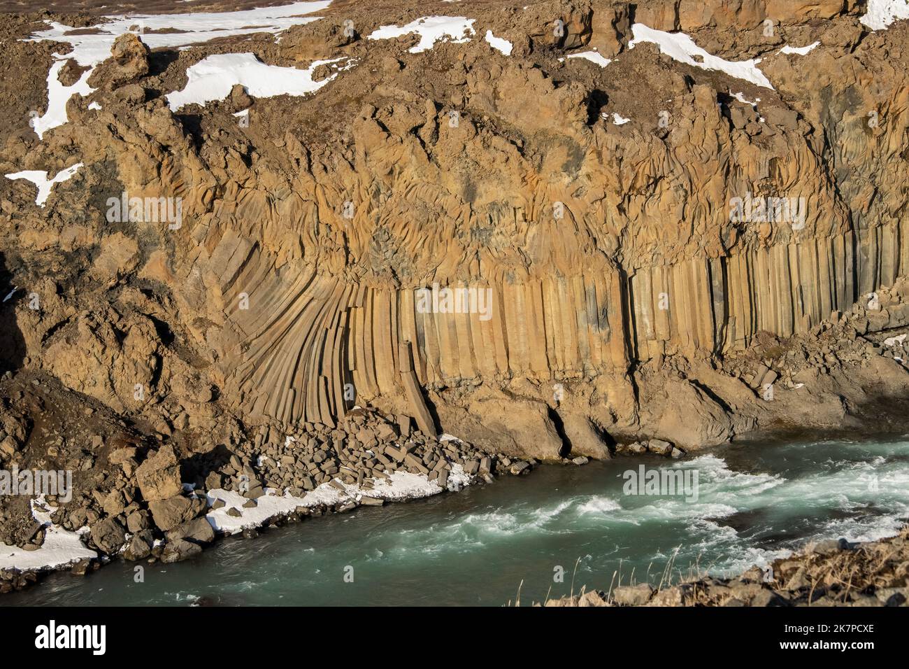 Columnar basalt columns on Skjlfandafljt river below Aldeyjarfoss Falls ...
