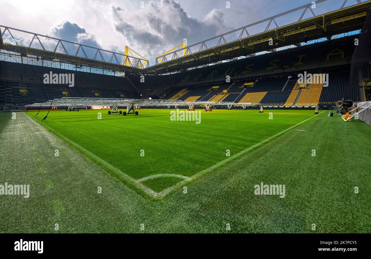 Pitch view with grass caring equipment at Signal Iduna Arena - the ...
