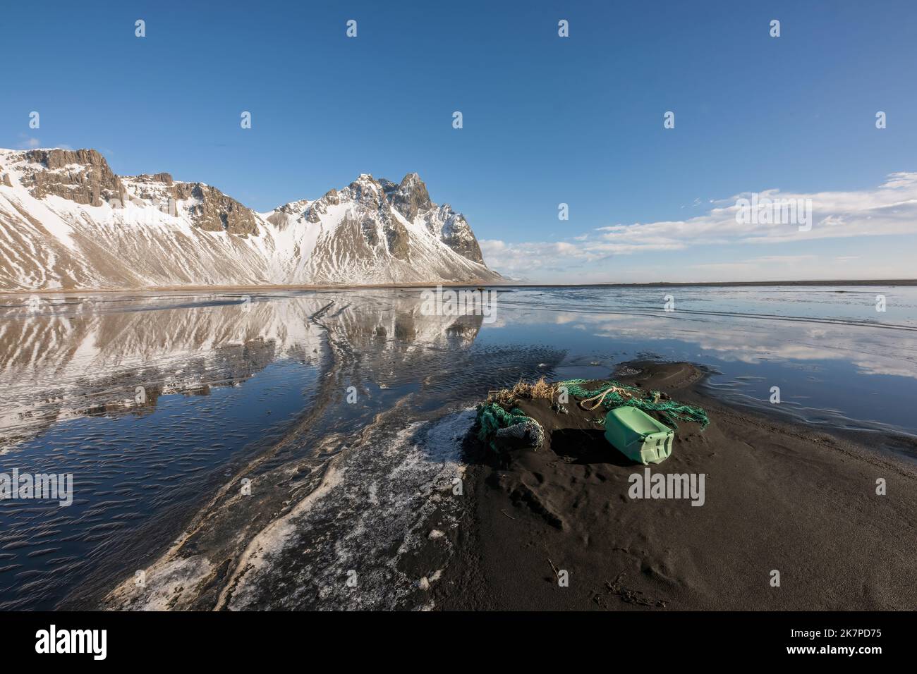 Fishing gear, ripples and reflections, Stokksnes Peninsula, Vestrahorn ...