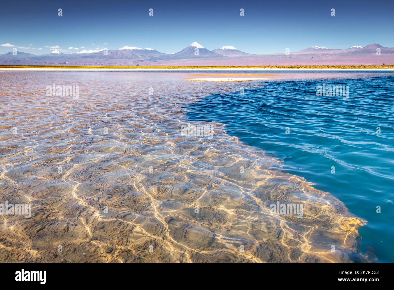 Volcanic landscape and salt lake reflection at sunset in Atacama Desert ...