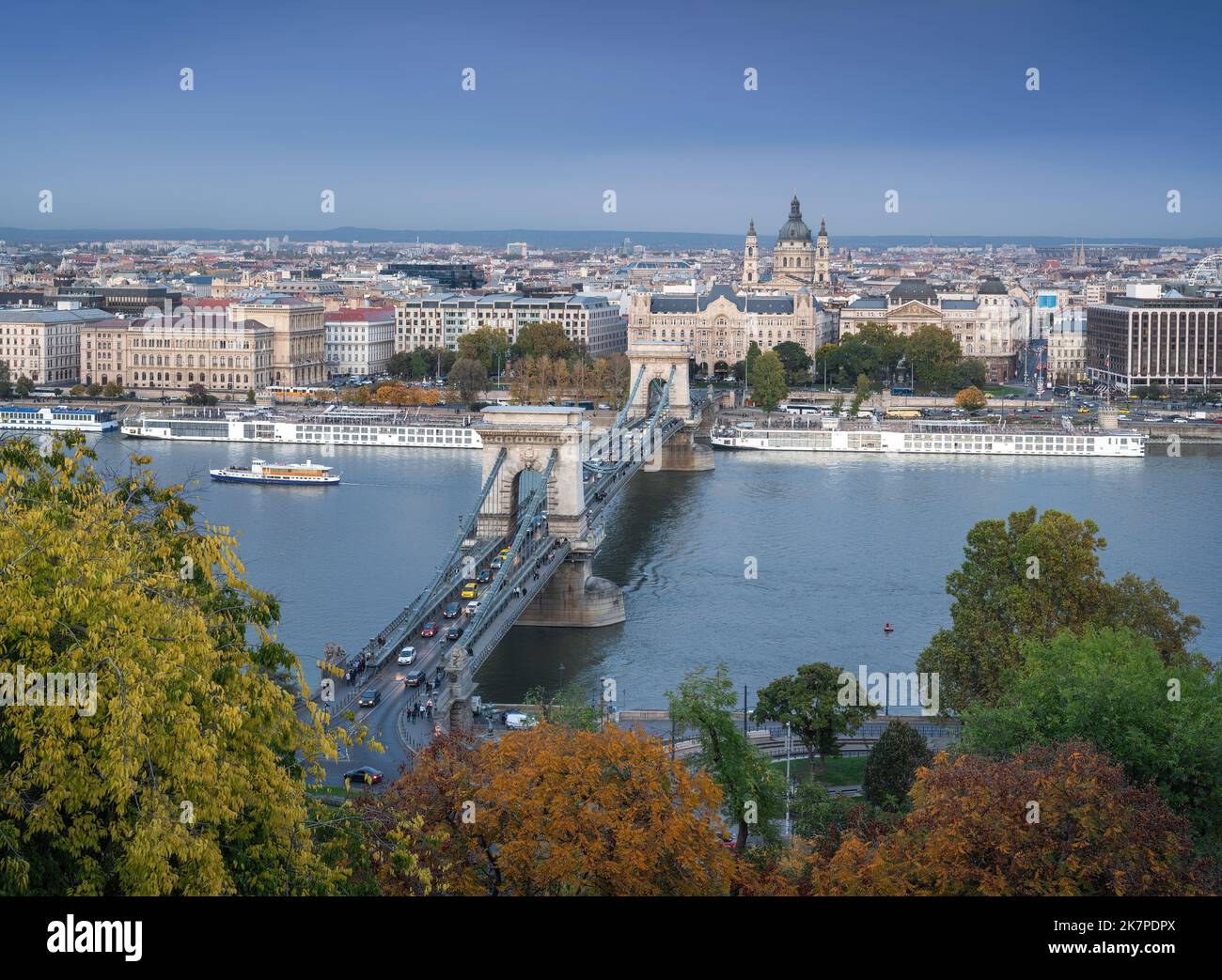 Aerial view of Szechenyi Chain Bridge, Danube River and St. Stephens ...