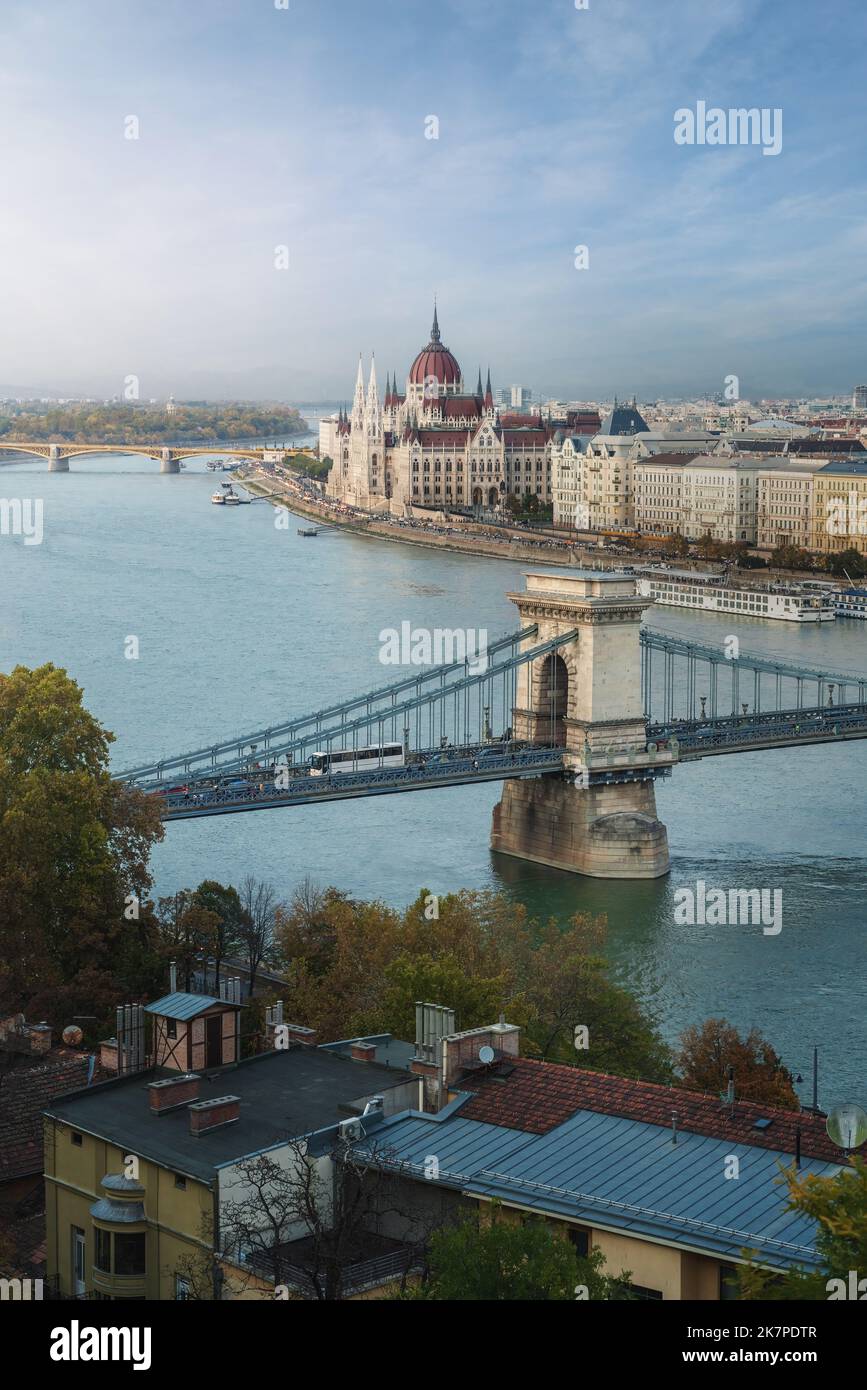 Aerial view of Budapest with Hungarian Parliament, Szechenyi Chain ...