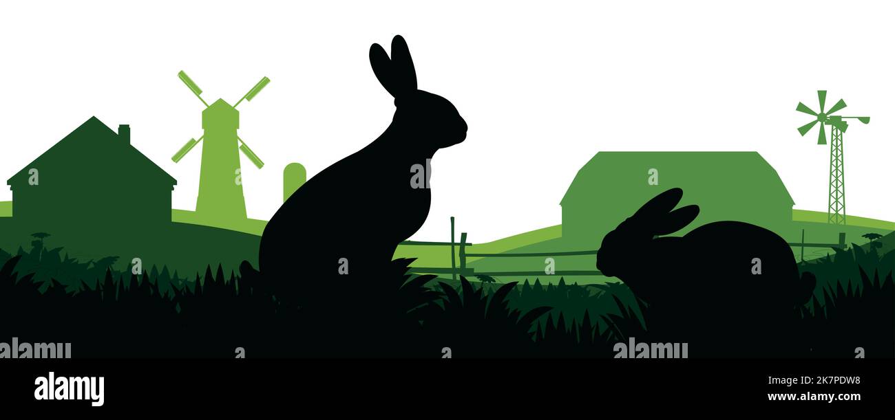 Rabbits are grazing. Picture silhouette. Rural landscape with farmers ...