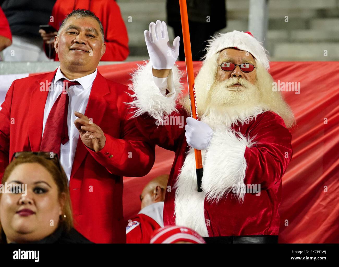 A fan dressed as Santa during the Rugby League World Cup group D match ...
