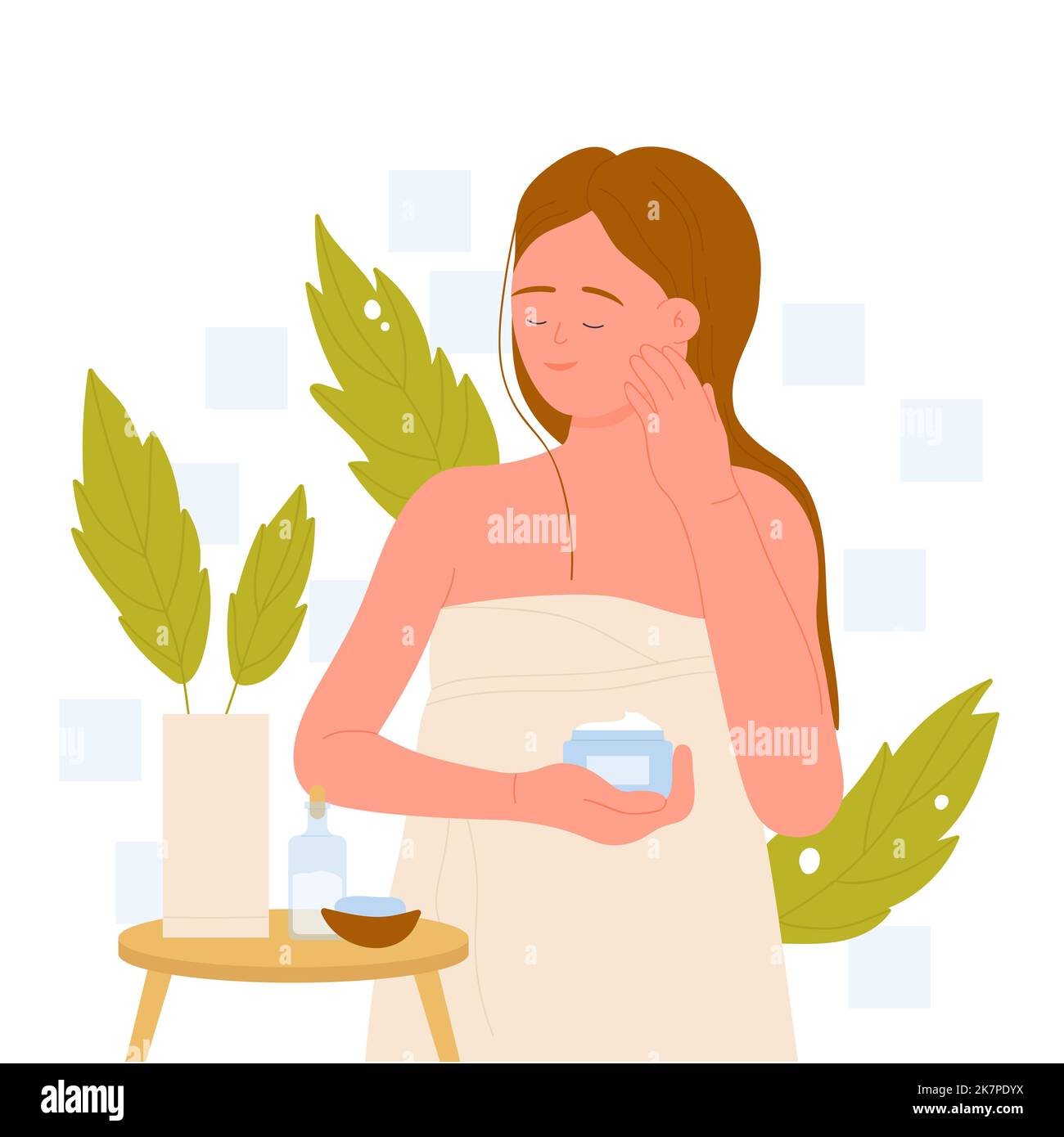 Skincare woman face cream. Moisturizing morning skin routine vector ...