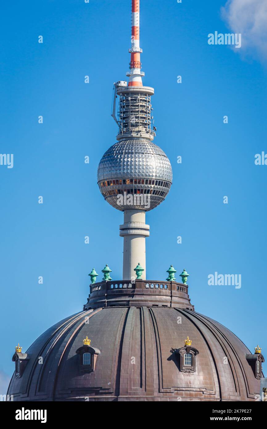 TV tower above baroque dome of baroque building, Berlin, Germany Stock ...