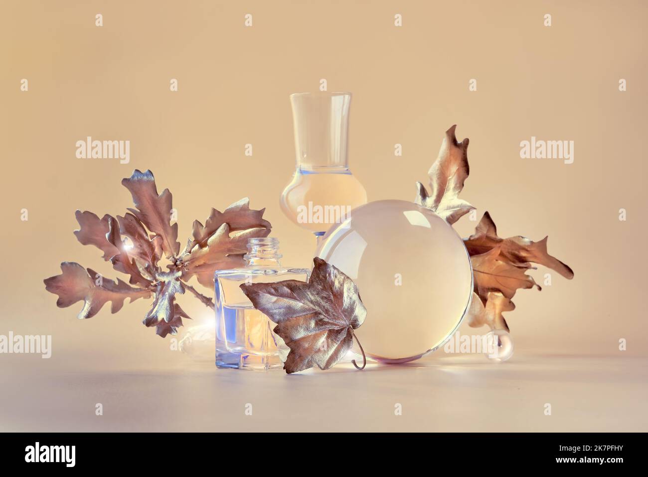 Biophilic Autumn background. Gilded gold maple leaves distorted by ...