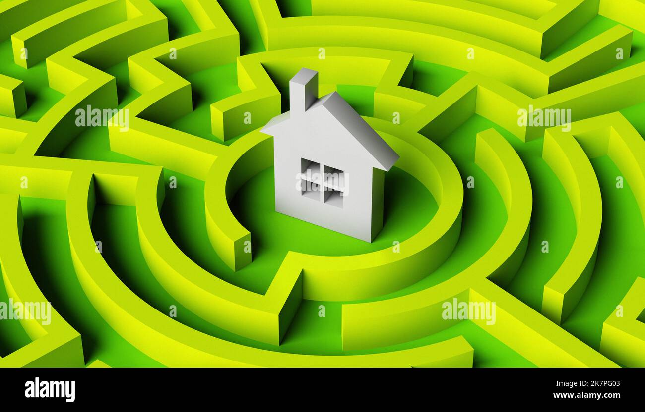 House symbol inside of maze. Concept of difficulty of having own house ...