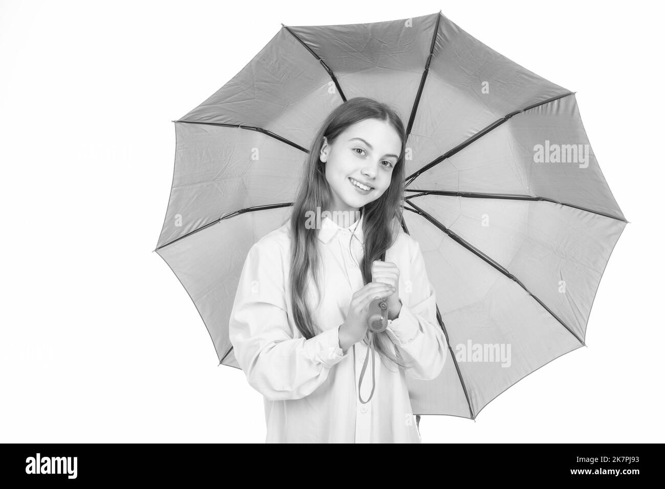 happy teen girl under pink umbrella in autumn weather isolated on white ...