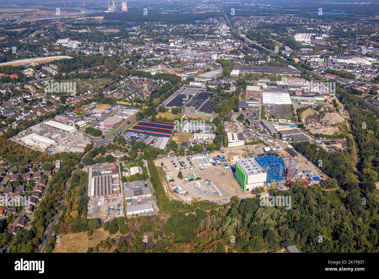Aerial view, construction site with new construction wood-fired power ...