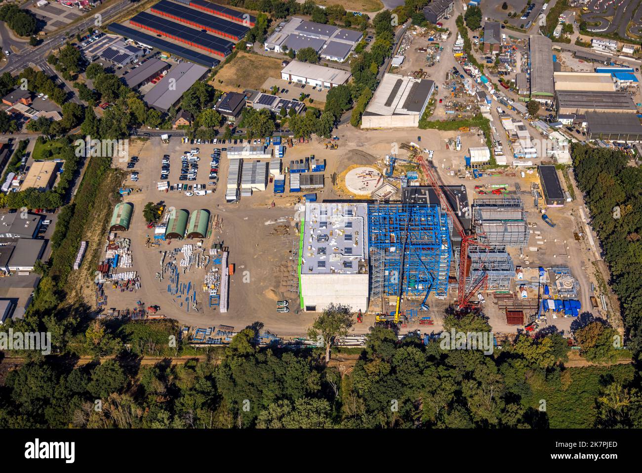 Aerial view, construction site with new construction wood-fired power ...