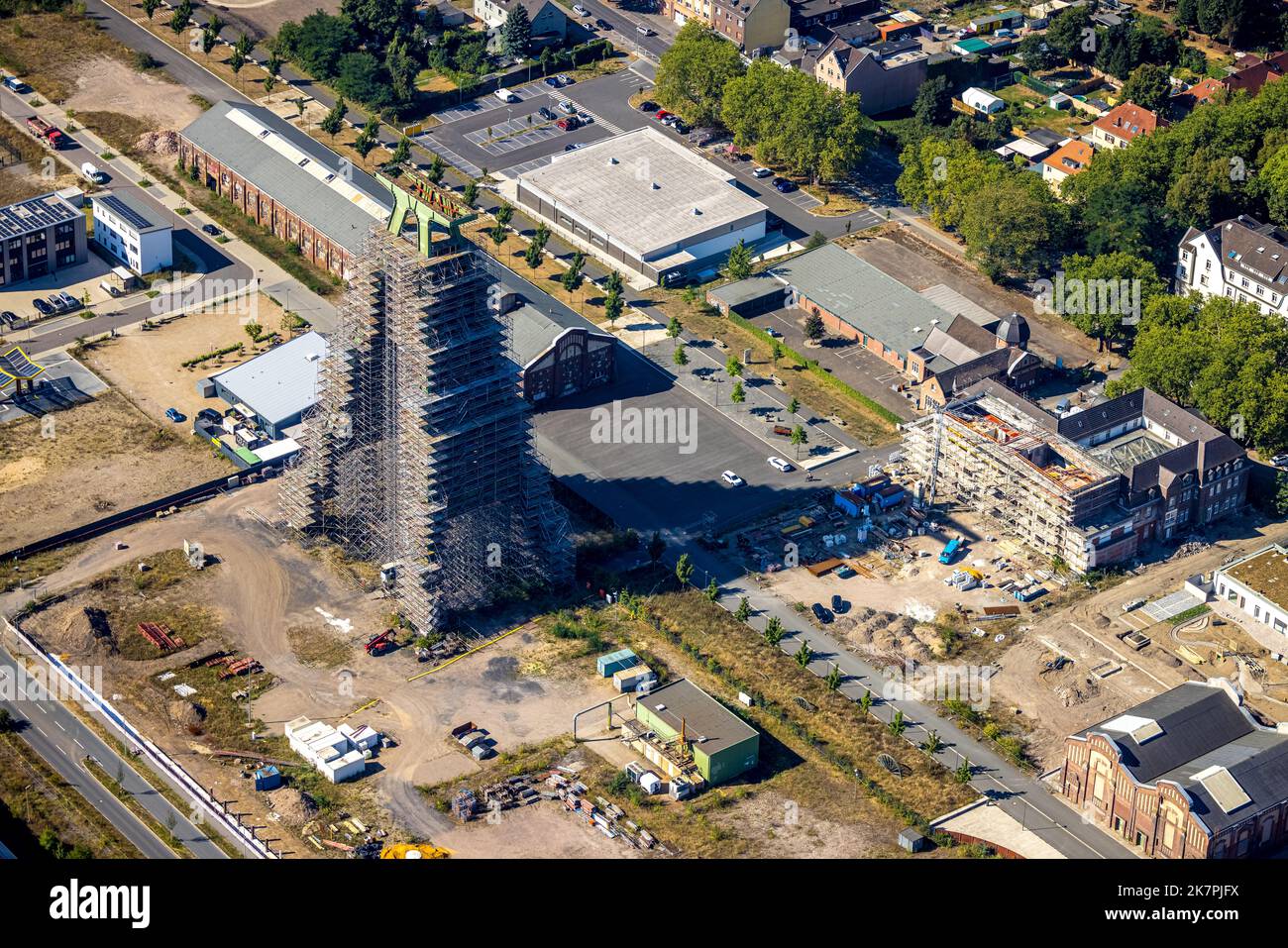 Aerial view, Bergpark Lohberg, winding tower covered with scaffolding ...