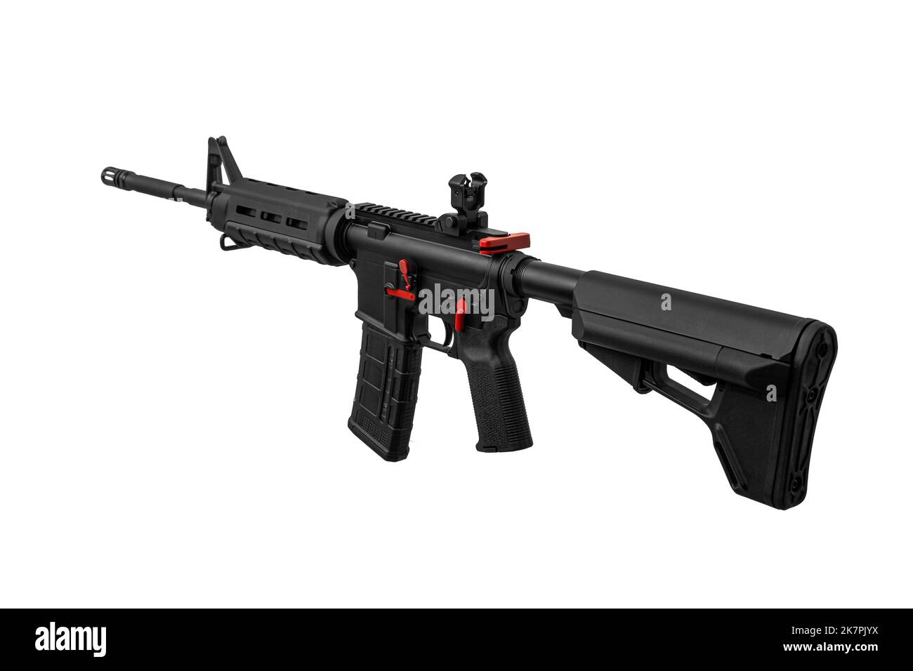 Modern automatic rifle with red elements isolated on white background ...