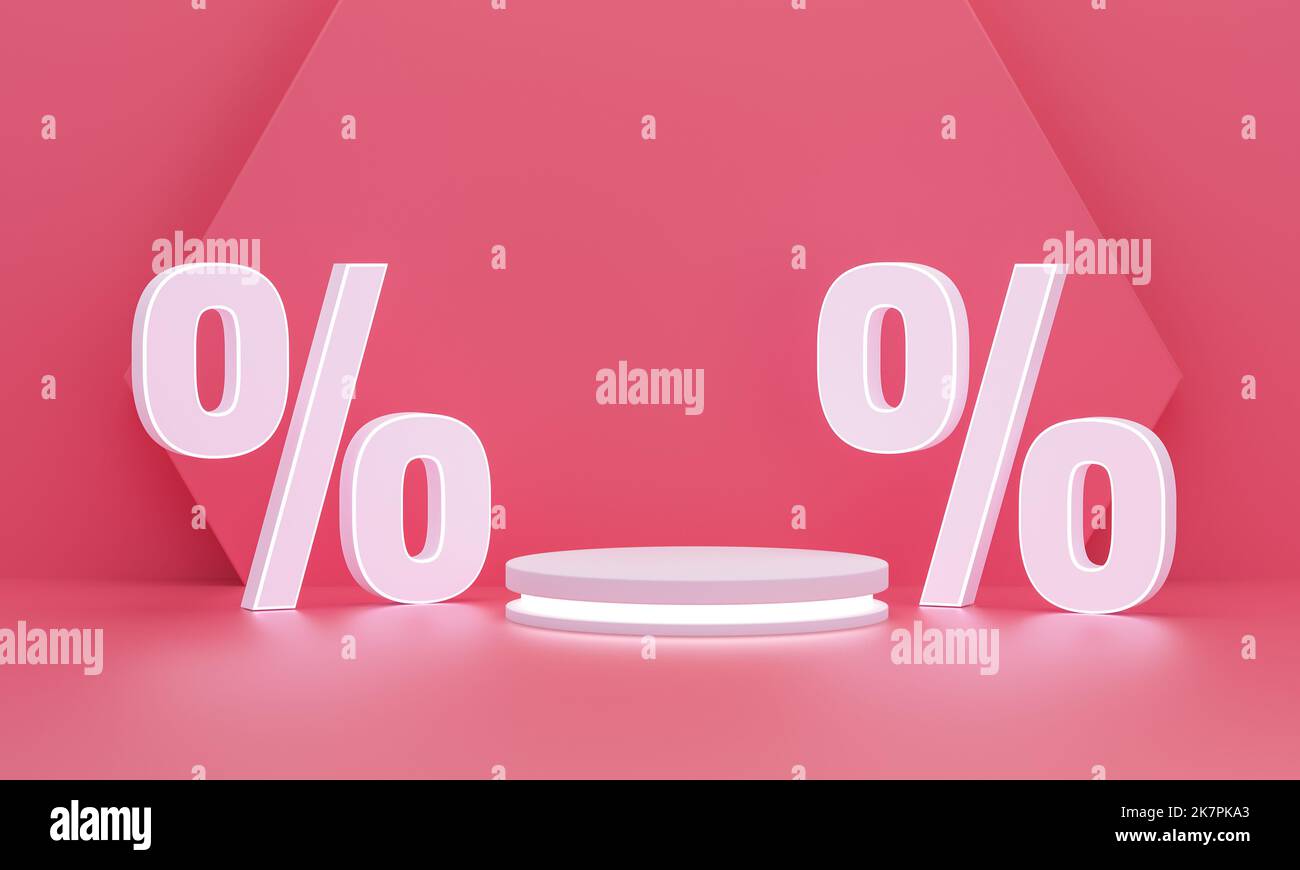 Podium with two discount signs on each side on pink background. 3D ...