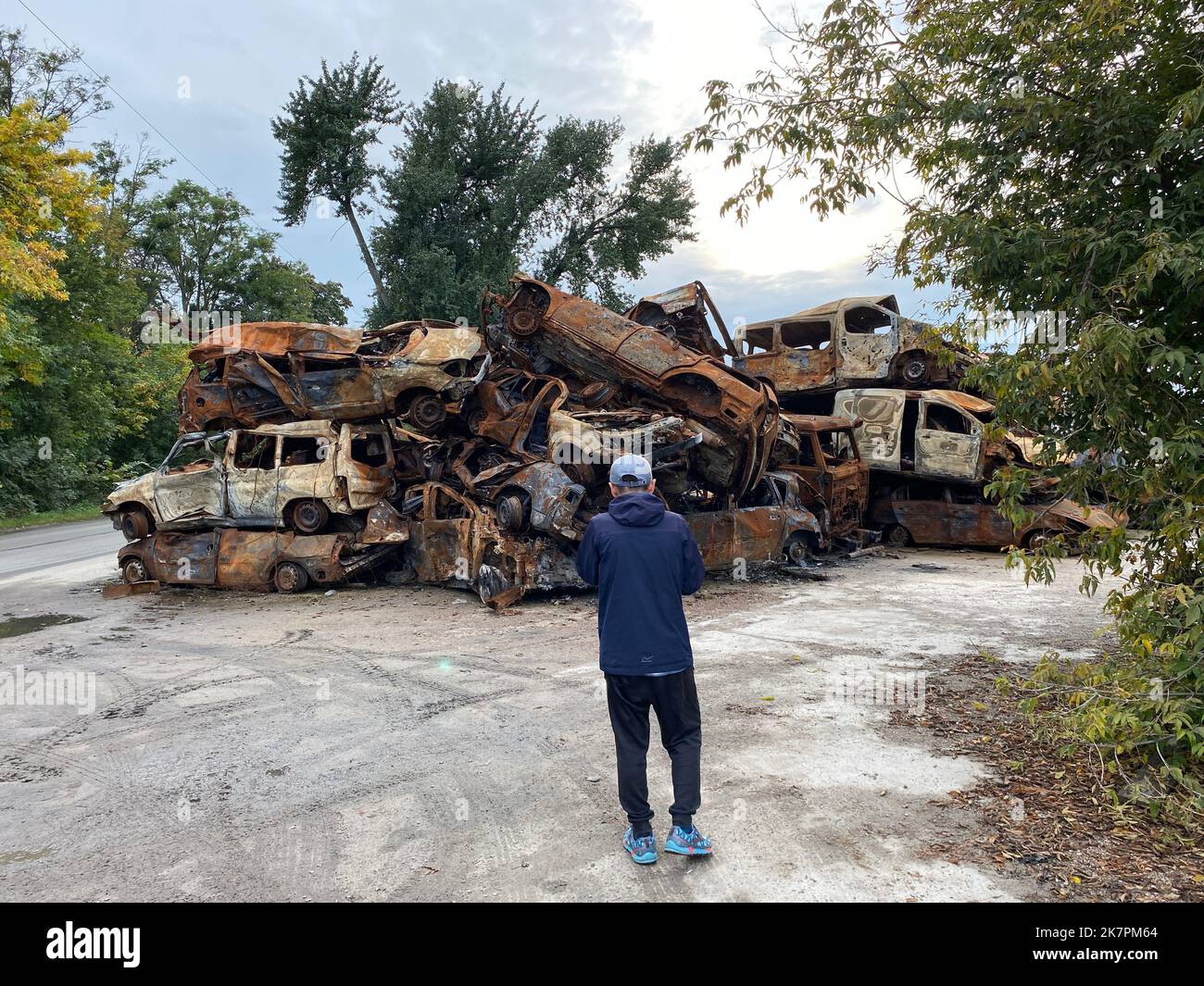 Hostomel, Ukraine 2022: A bunch of burned and shelled cars in Gostomel ...