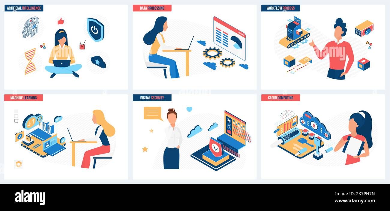 Data management process automation set vector illustration. Cartoon ...