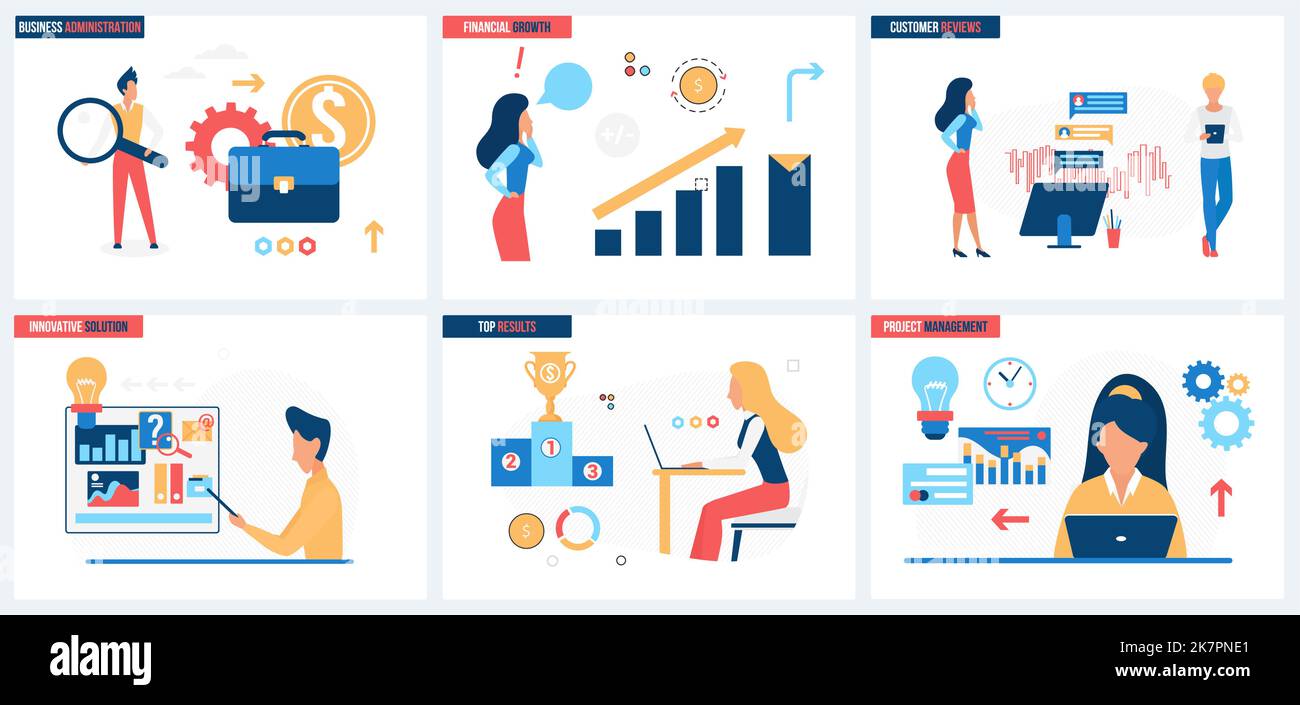 Marketing strategy, business analysis set vector illustration. Cartoon ...