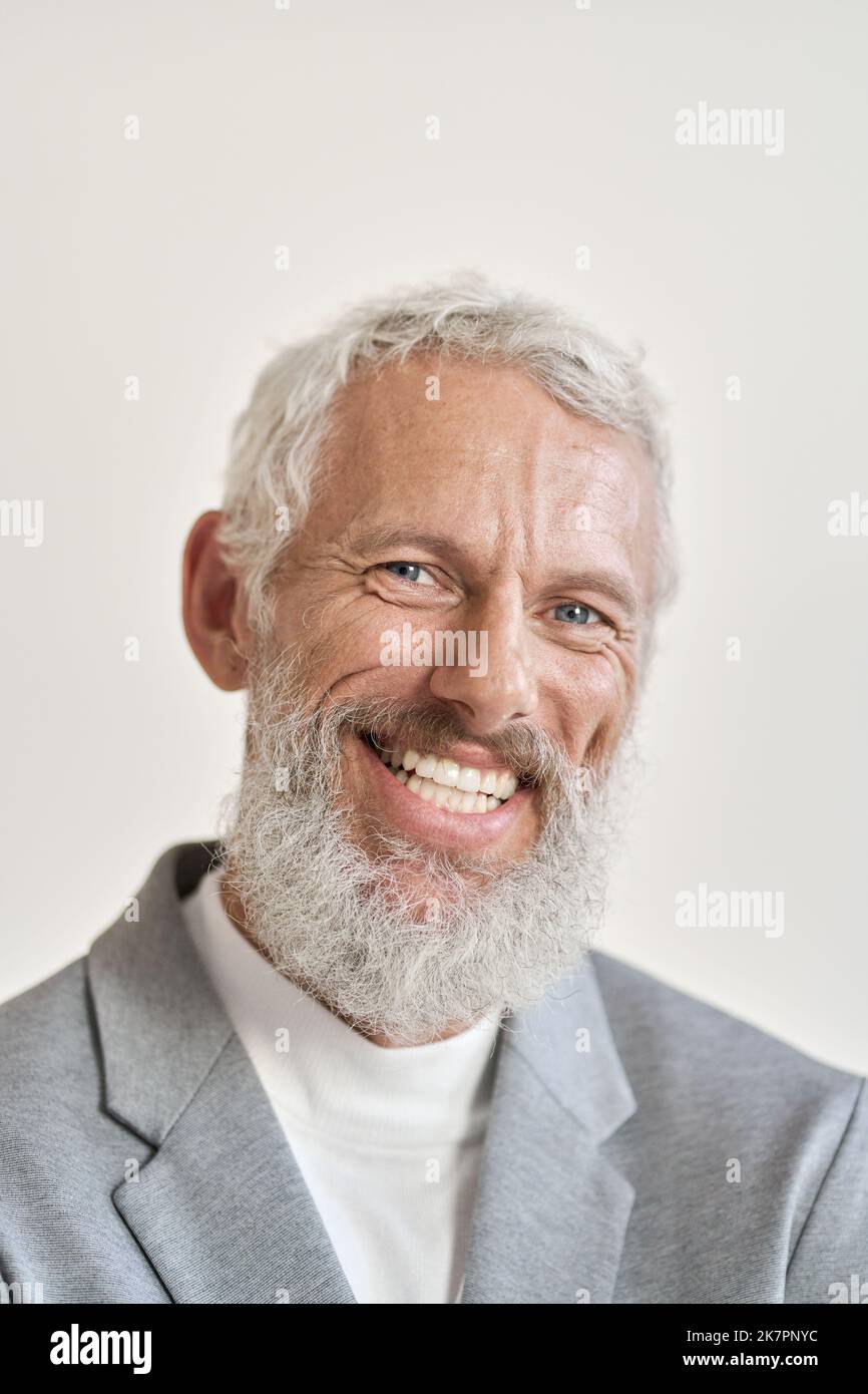 Happy old business man isolated on white, vertical headshot portrait ...