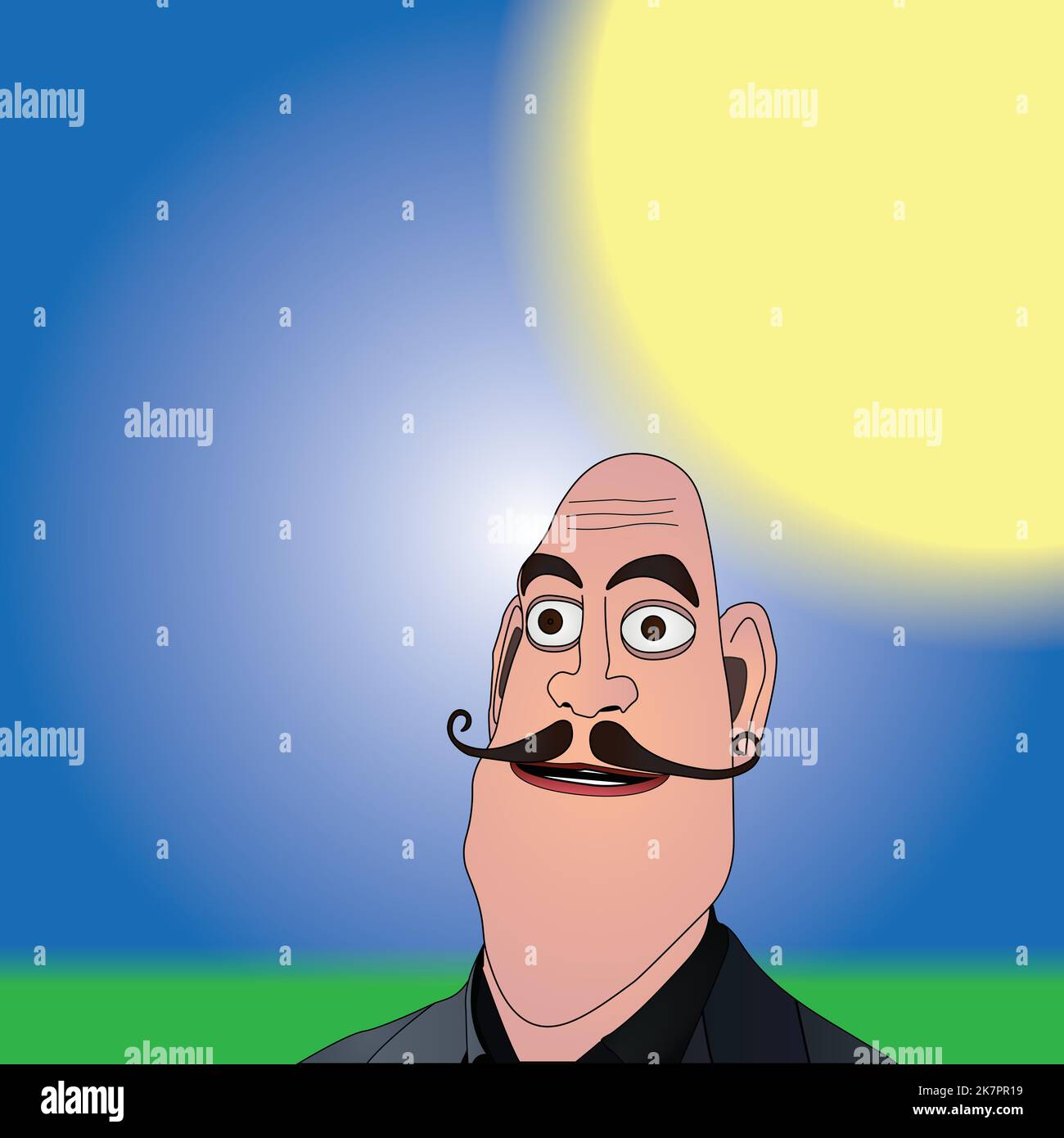 Bald man with a Dali's moustache cartoon with a sun, sky and grass in ...