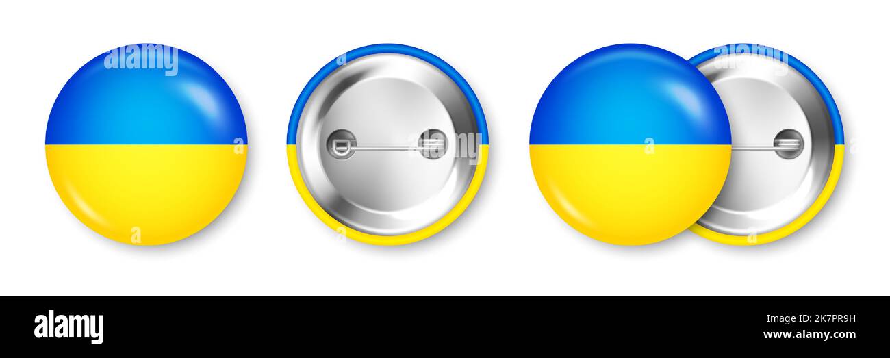 Realistic button badge with printed Ukrainian flag. Souvenir from ...