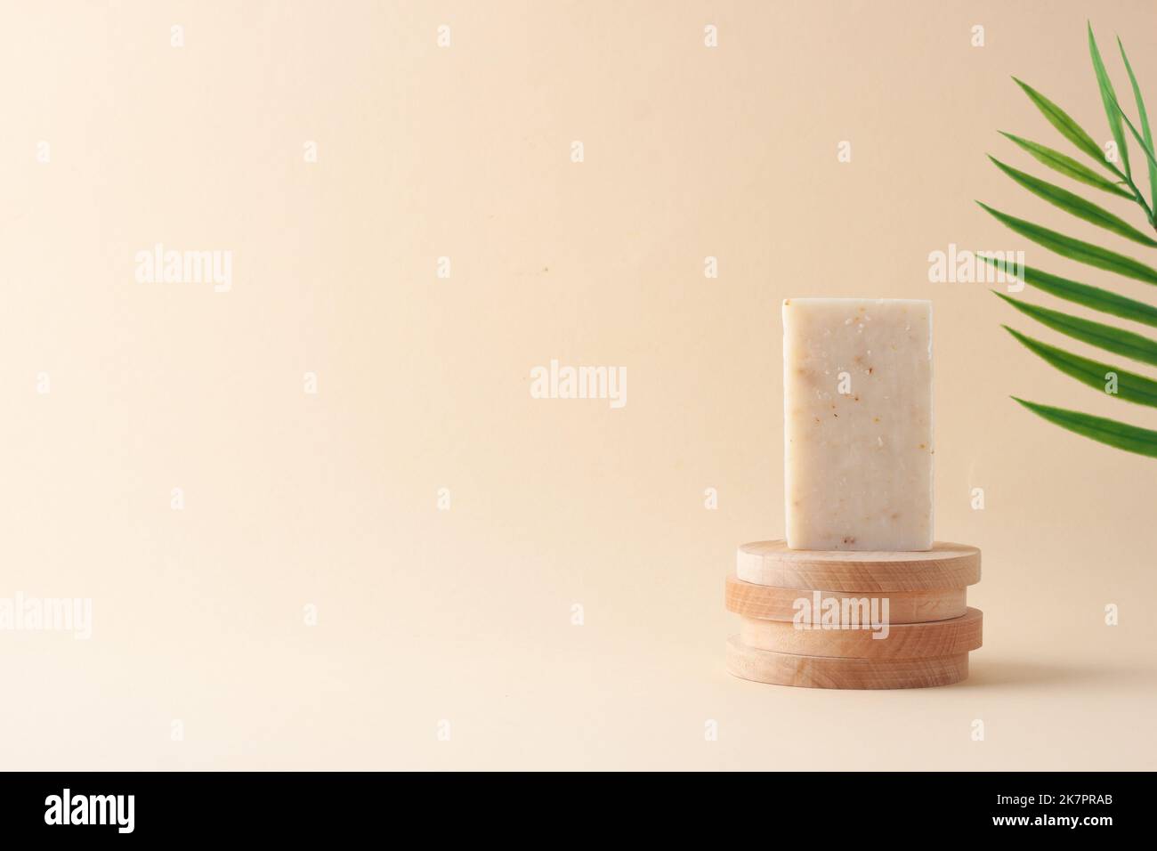 Soap with palm on beige background. Close up, copy space Stock Photo ...