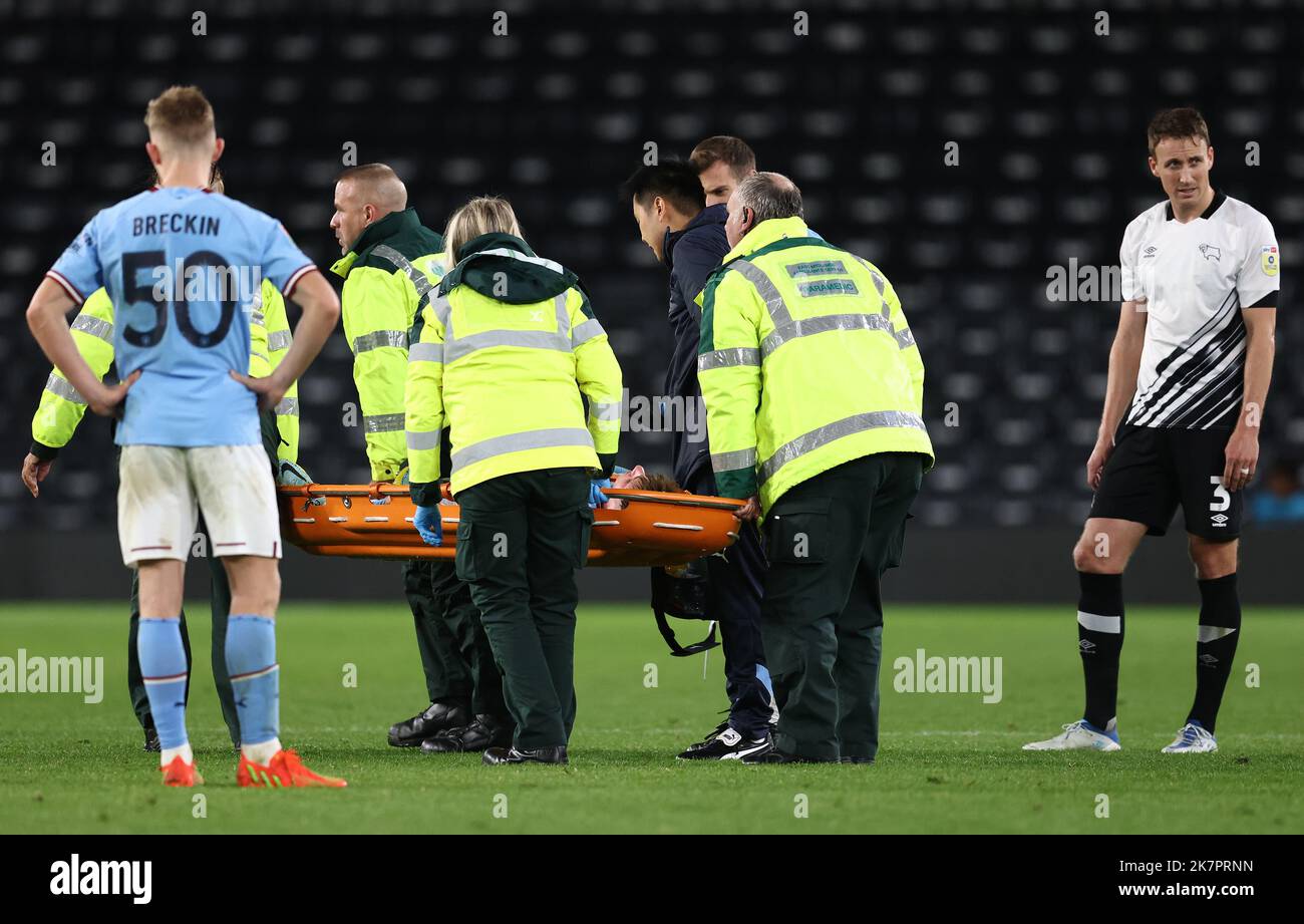 Derby, England, 18th October 2022. Ben Knight of Manchester City is ...