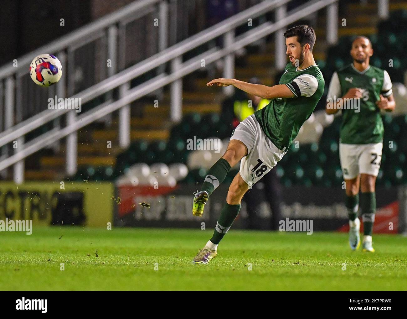 Plymouth Argyle midfielder Finn Azaz (18) passes the ball forward ...