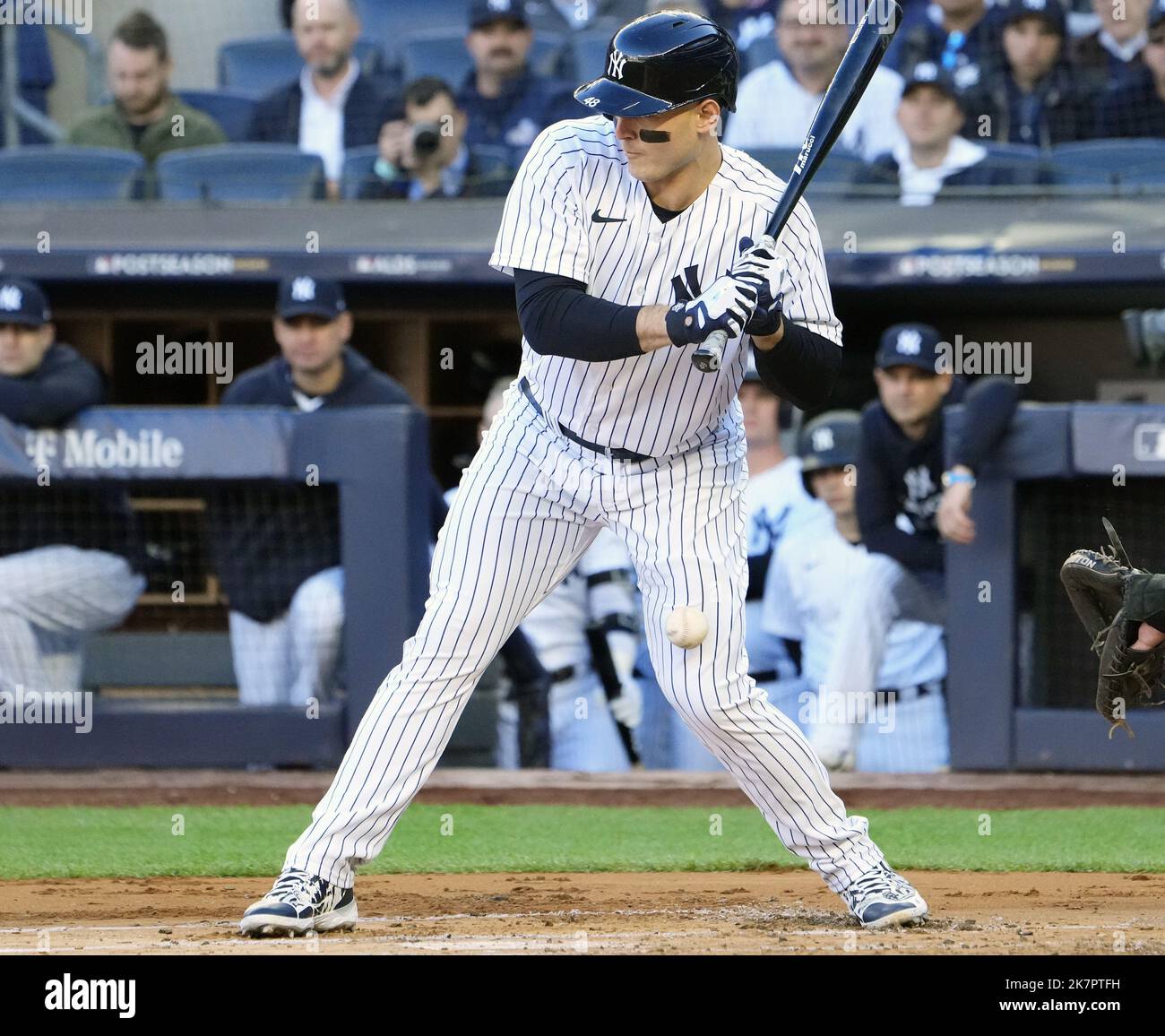 New York, USA. 18th Oct, 2022. New York Yankees Anthony Rizzo is hit by ...