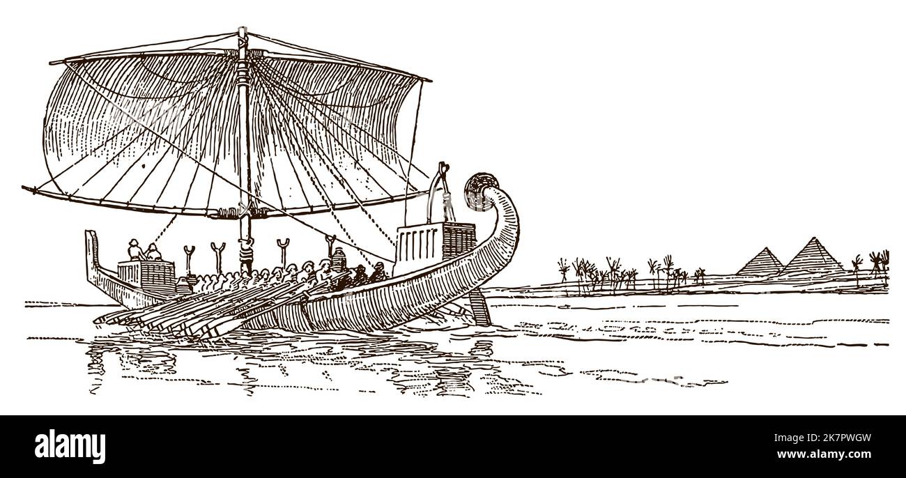 Ancient Egyptian boat navigating on River Nile in front of Pyramids ...