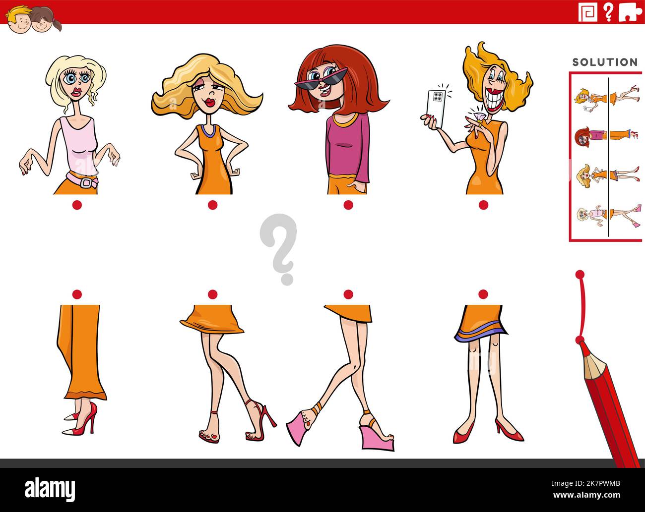 Cartoon illustration of educational task of matching halves of pictures ...