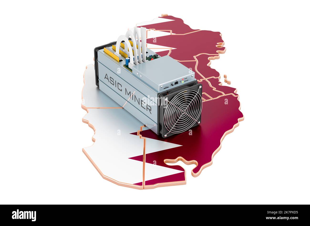 Mining in Qatar, concept. ASIC miner with Qatari flag. 3D rendering ...
