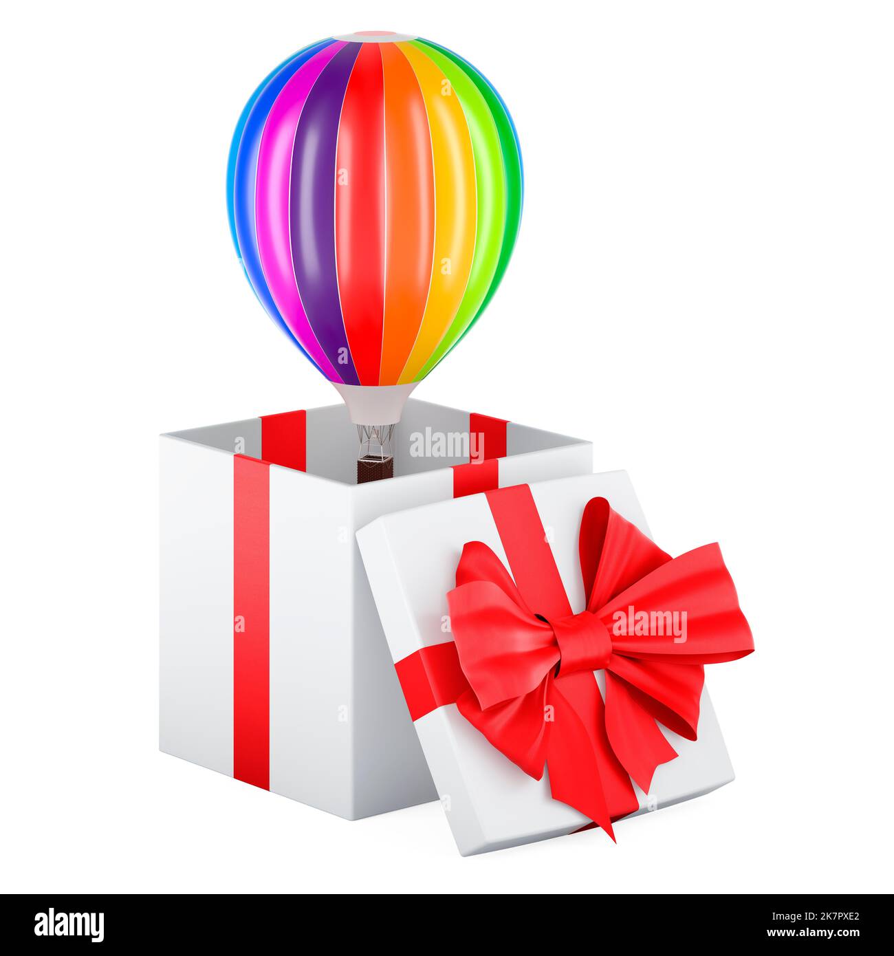 Hot air balloon inside gift box, gift concept. 3D rendering isolated on ...