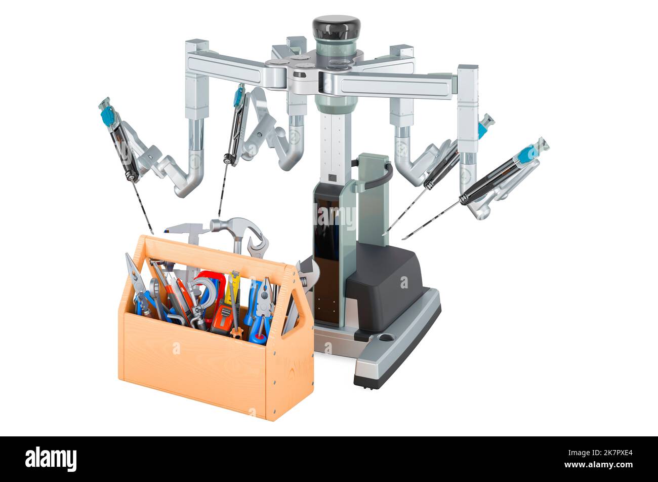 Robotic surgical system with tool box, 3D rendering isolated on white ...