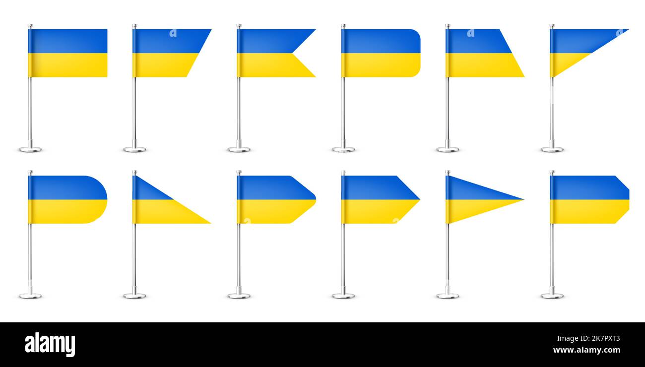 Realistic various Ukrainian table flags on a chrome steel pole ...