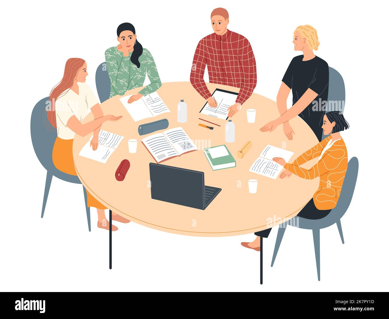 Group of students at the table studying, learning together Stock Vector ...