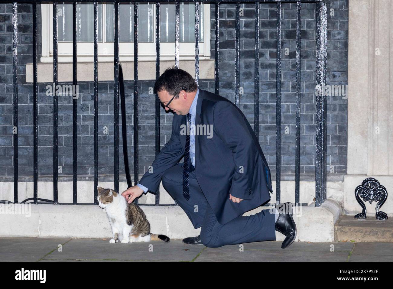 Mike Wood MP strokes Larry the cat as he leaves 10 Downing Street in London. Picture date ...