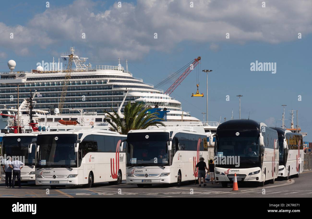 Port of Heraklion, Crete, Greece. 2022. Buses waiting for cruise ship ...