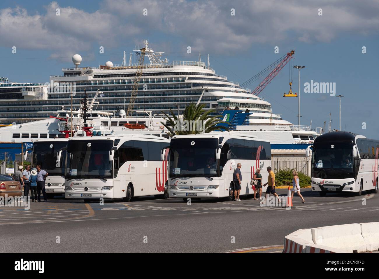 Port of Heraklion, Crete, Greece. 2022. Buses waiting for cruise ship ...
