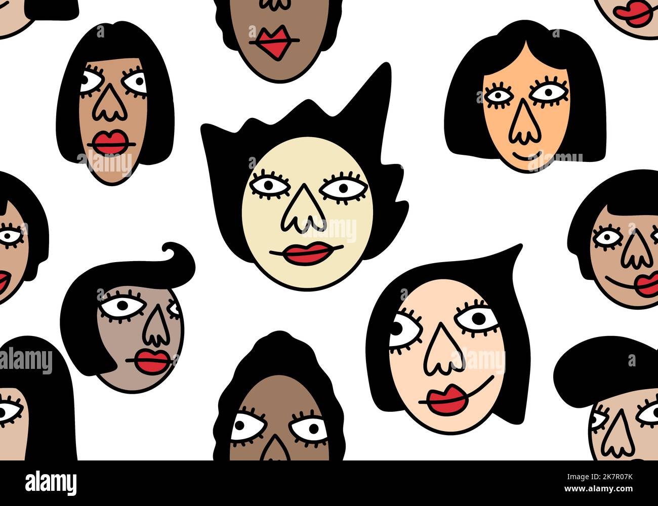 Cartoon women seamless character doodle face pattern for wrapping paper ...