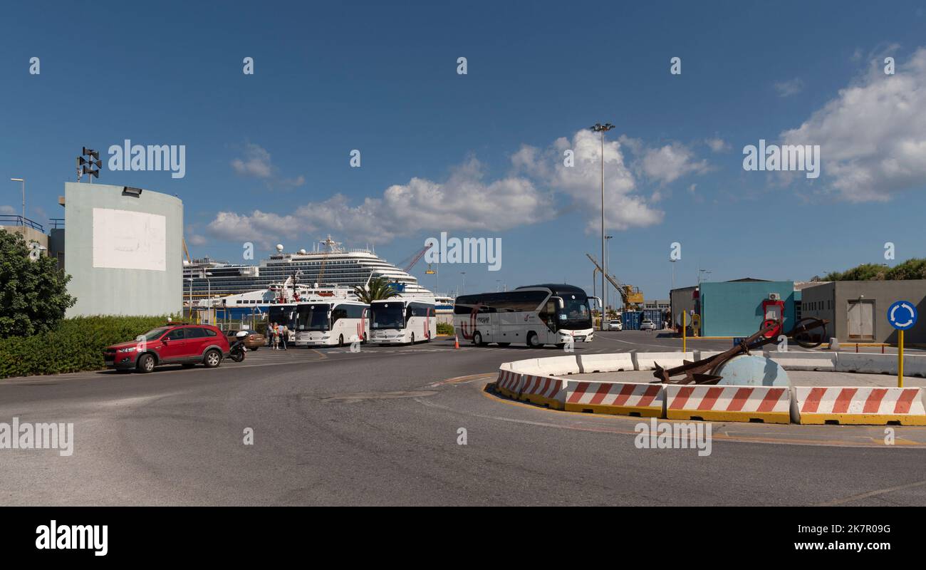 Port of Heraklion, Crete, Greece. 2022. Buses waiting for cruise ship ...