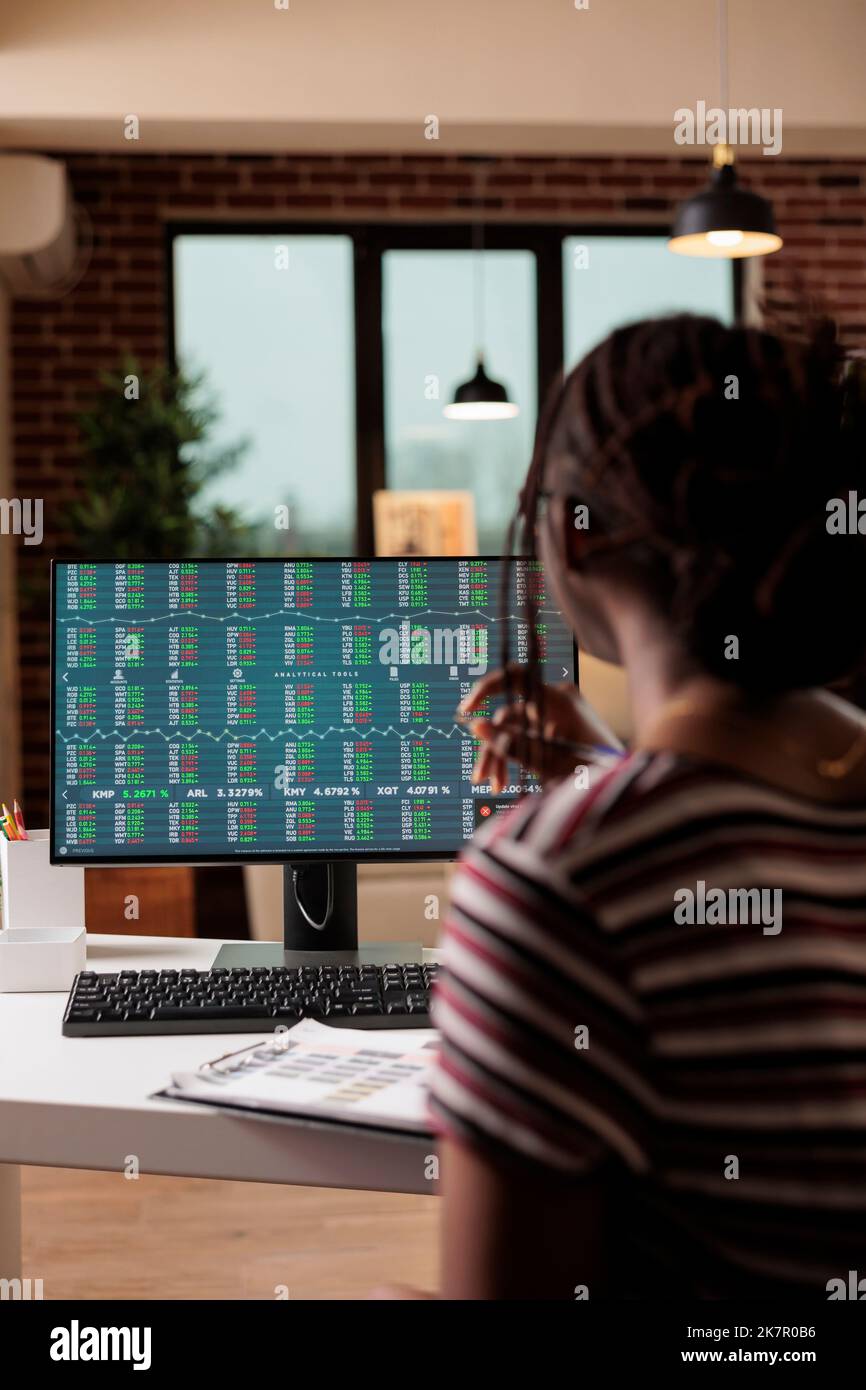 Woman analyzing forex charts, looking at foreign exchange market data ...