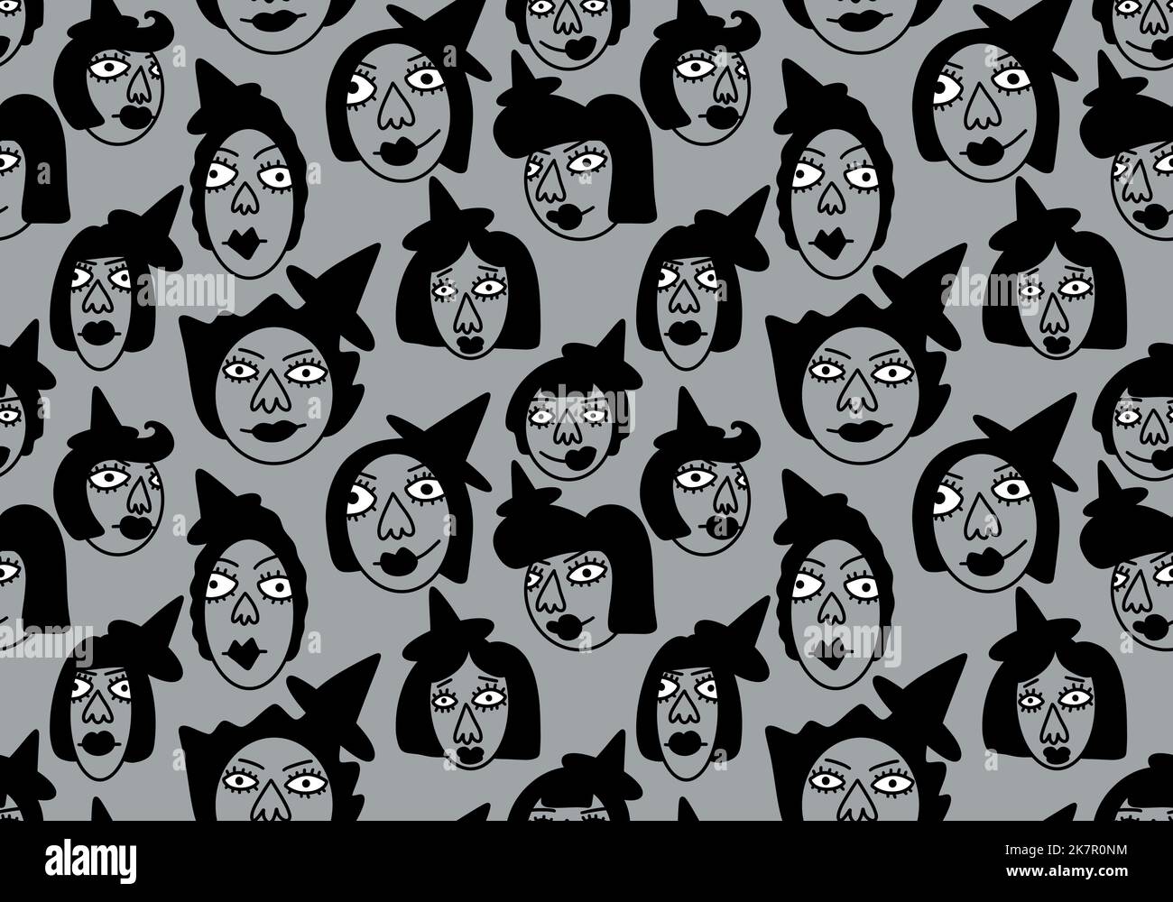 Cartoon women seamless character doodle face pattern for wrapping paper ...